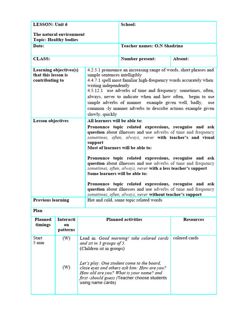 Plan 4 G 17 02 20 | PDF | Learning | Adverb