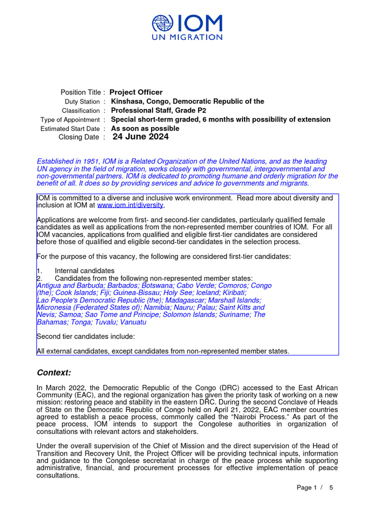 Data Overview - SVN 2024 148 Project Officer (P2) Kinshasa Democratic ...