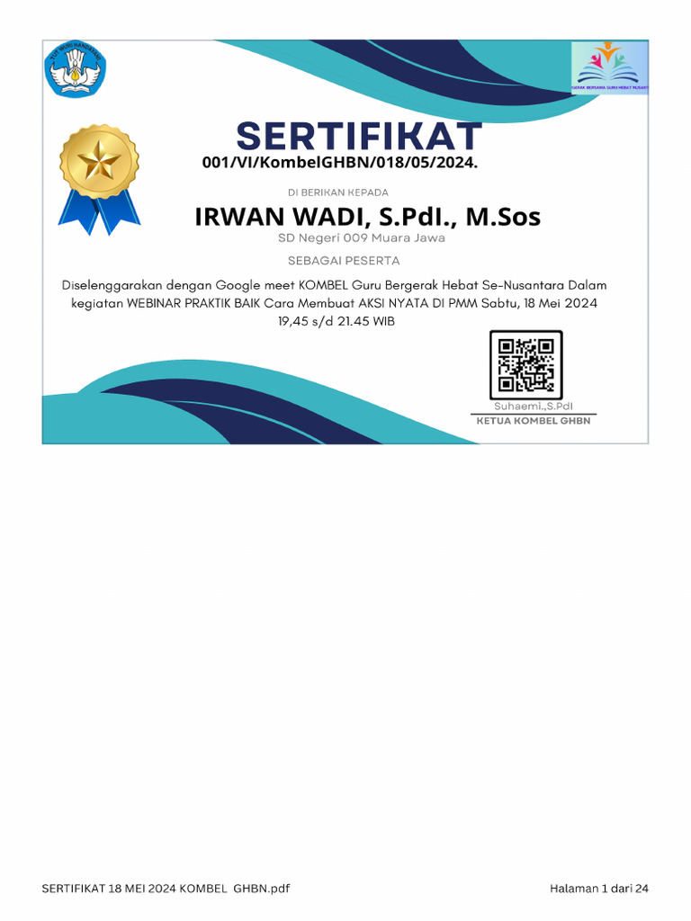 Sertifikat 18 Mei 2024 Kombel GHBN PDF | PDF
