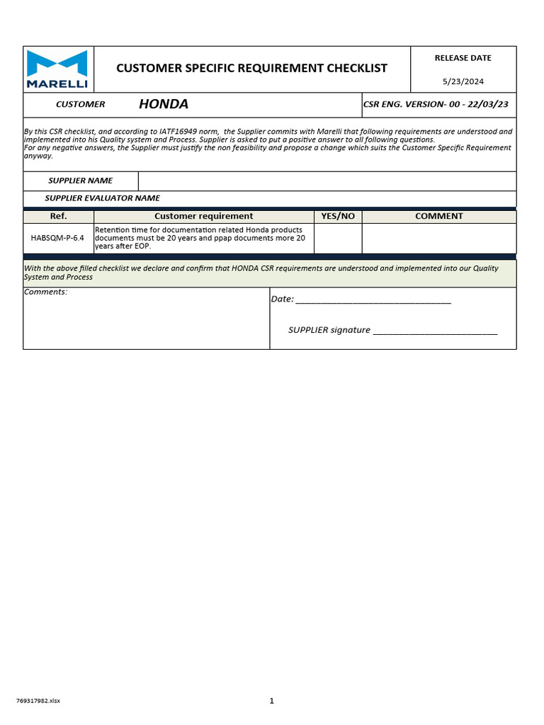 CSR Honda Checklist 230524 | PDF | Technology & Engineering
