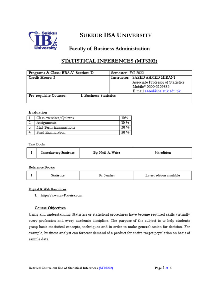 Statistical Inferences Course Outline MTS202 | PDF | Statistics | Statistical Inference