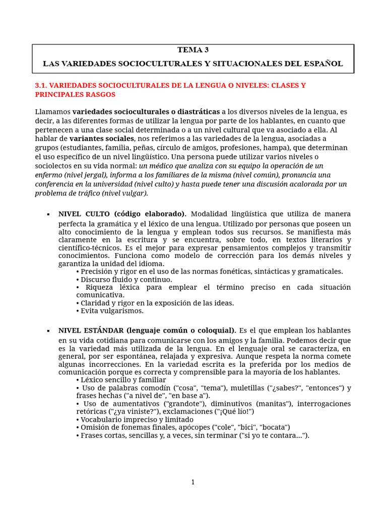 Tema 3 Las Variedades Socioculturales y Situacionales Del Español | PDF ...