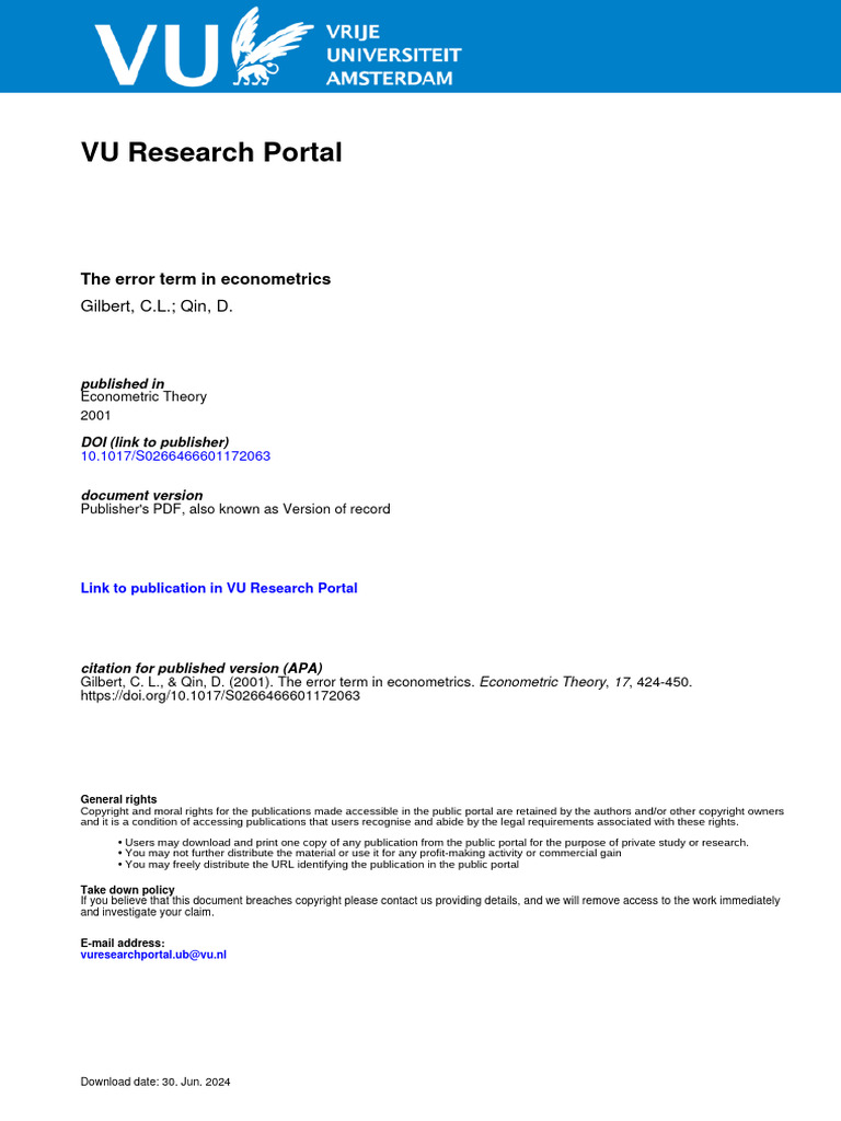 VU Research Portal: The Error Term in Econometrics | PDF | Errors And Residuals | Regression ...