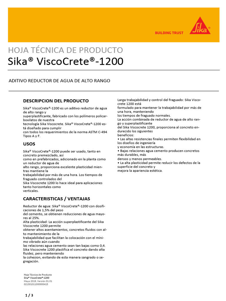 sika_viscocrete_-1200 | Descargar gratis PDF | Hormigón | Cemento