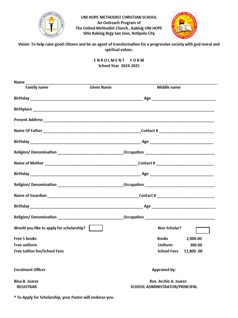 Enrollment Form SY 2024-2025 | PDF | Christian Denominational Families ...
