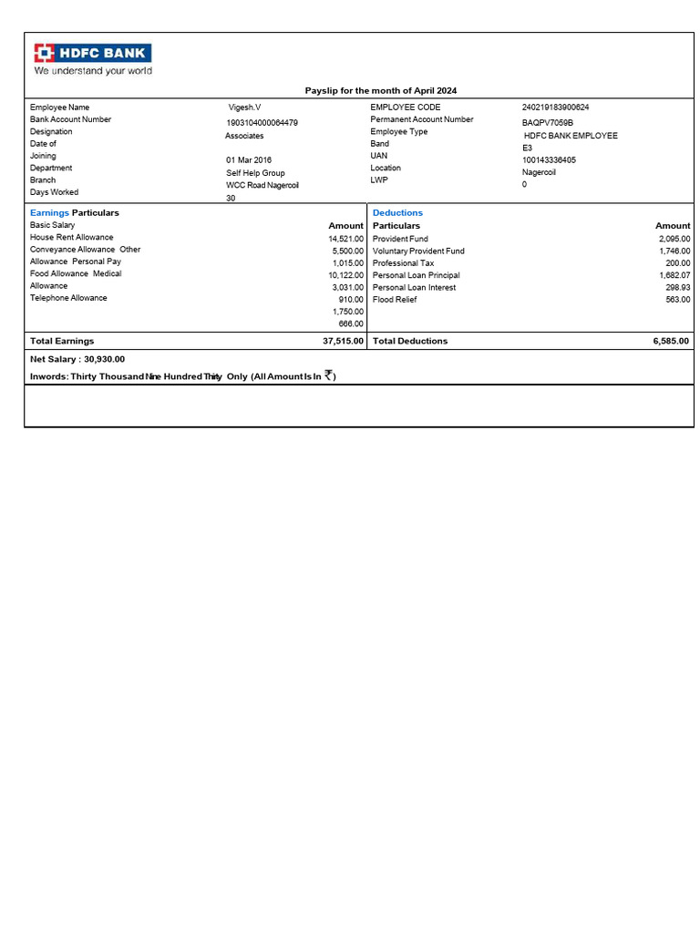Employee Payslip April 2024 | PDF | Economies | Personal Finance