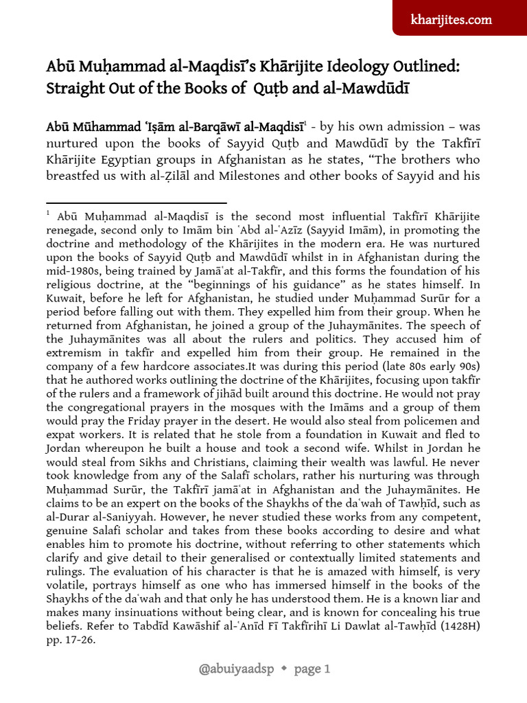 Kharijites Com Ib Maqdisi Ideology Outline | PDF | Tawhid | Jihad