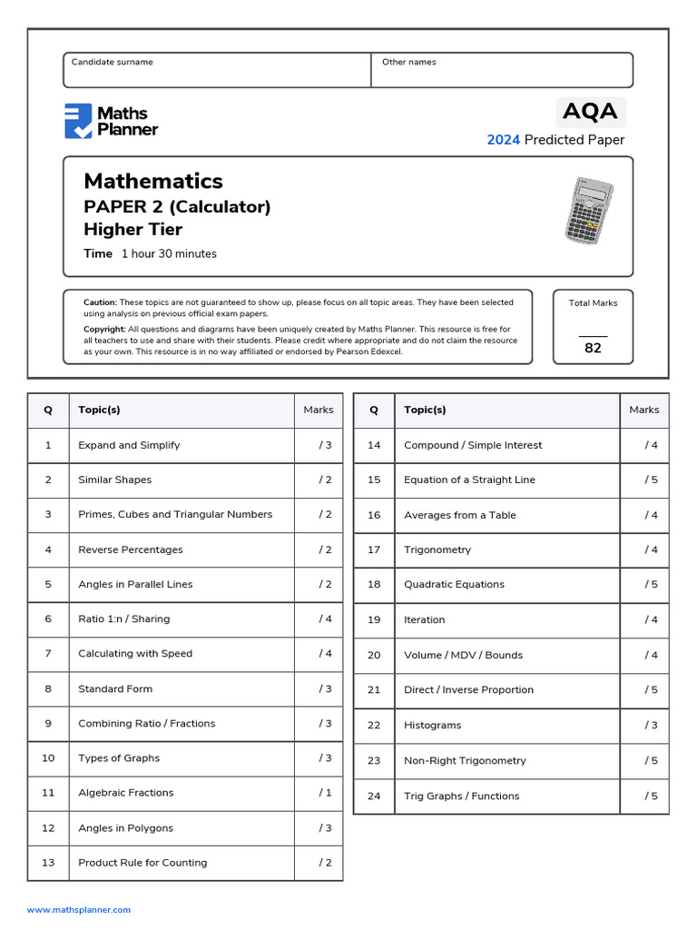 AQA MathsPlanner 2024 Paper 2 Higher | PDF | Sphere | Mathematical Objects