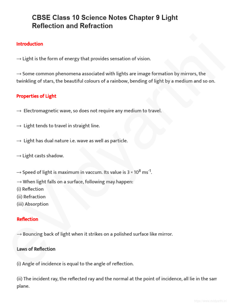 Notes Class 10 Science Chapter 9 | PDF | Mirror | Light