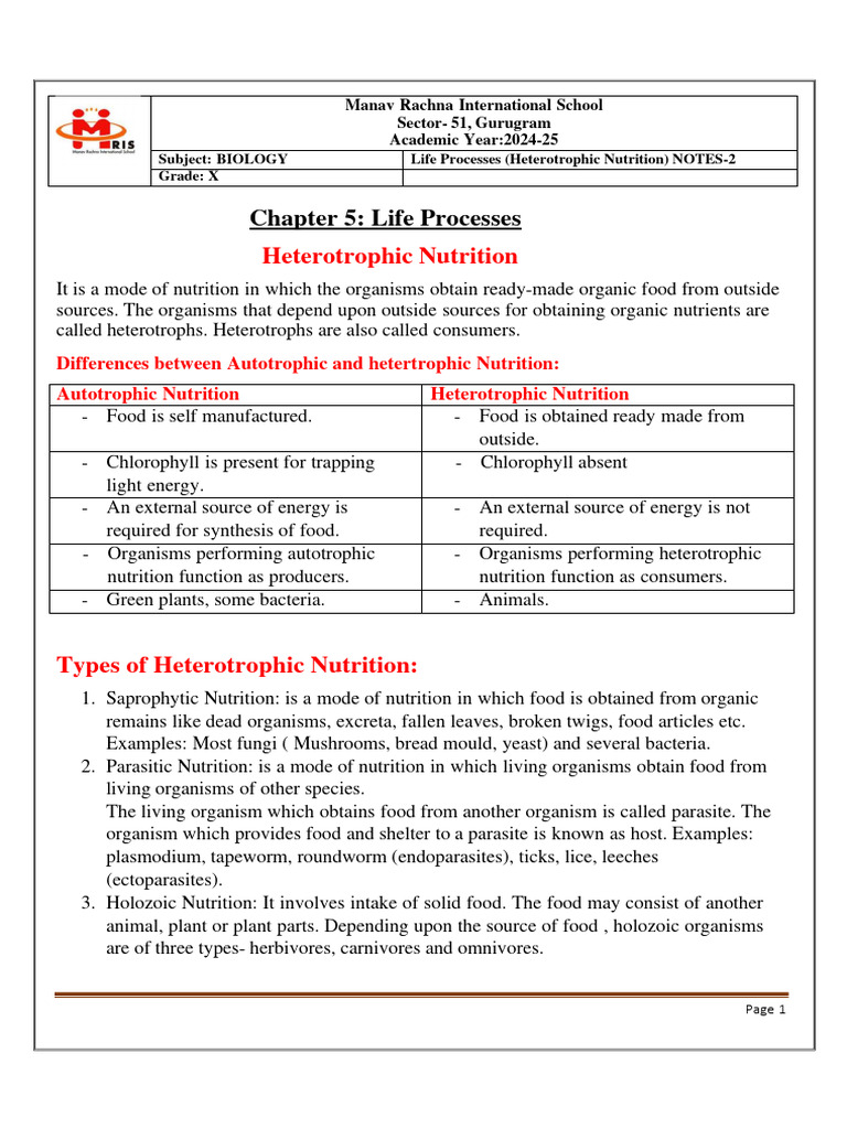 Grade X Biology Chapter-5 Heterotrophic Nutrition Notes - 2 | PDF ...
