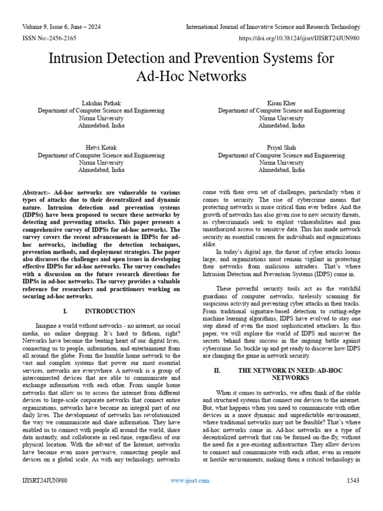 Intrusion Detection And Prevention Systems For Ad Hoc Networks Pdf