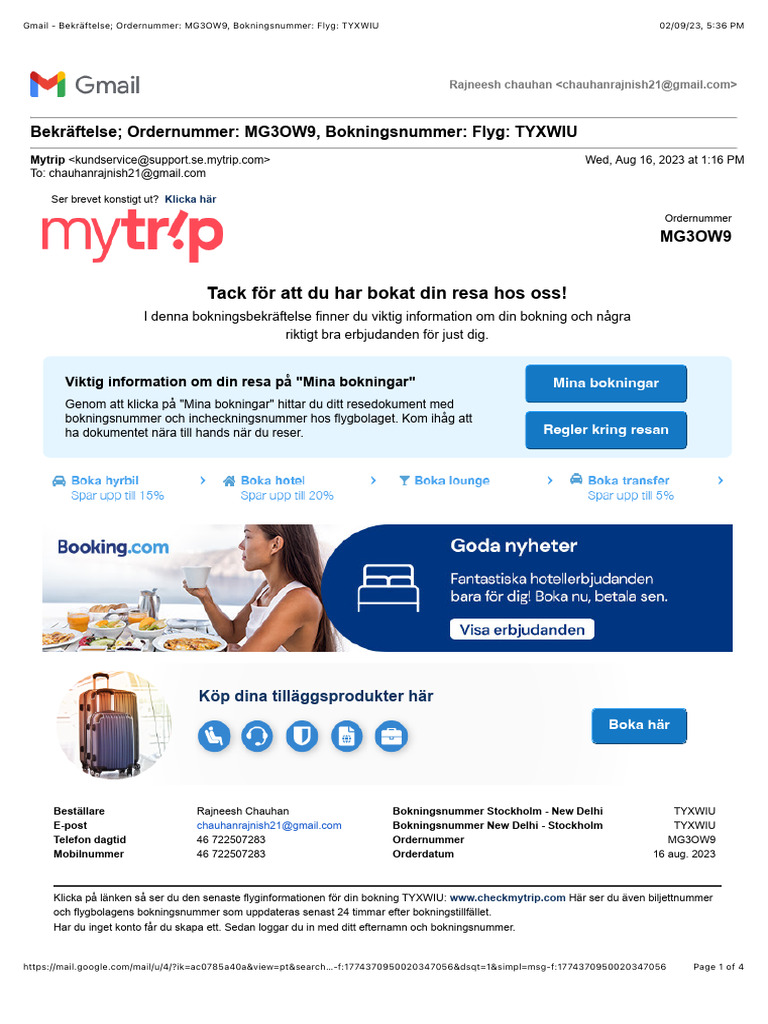 Gmail - Bekräftelse Ordernummer: MG3OW9, Bokningsnummer: Flyg: TYXWIU | PDF