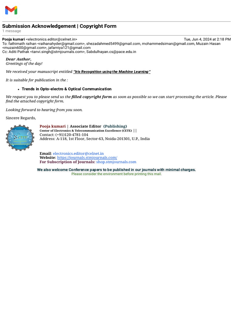 Gmail - Submission Acknowledgement - Copyright Form | PDF