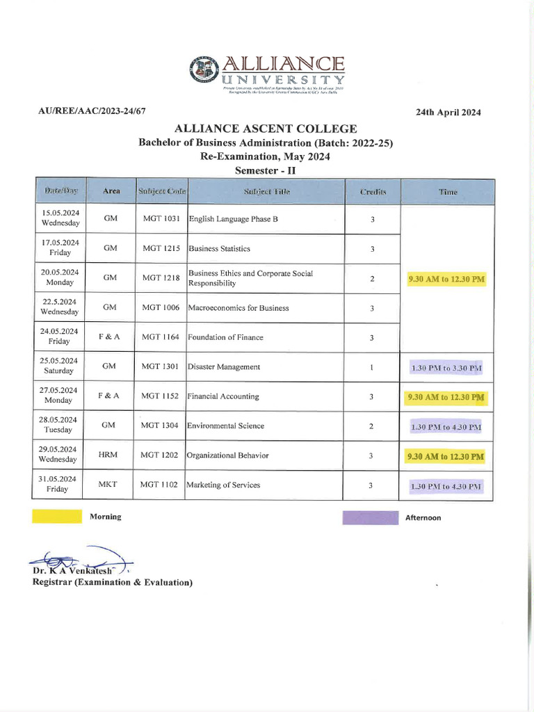 AAC BBA SEM-II (2022 Batch) Re-Exam Schedule | PDF