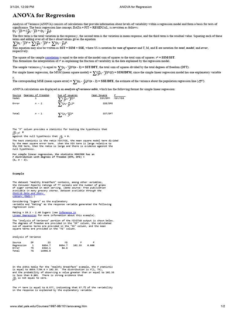 ANOVA For Regression | PDF | Errors And Residuals | Regression Analysis