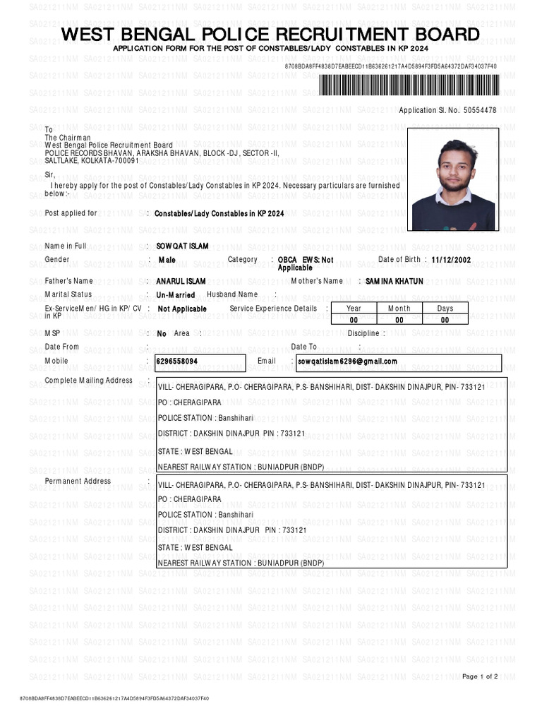 West Bengal Police Recruitment Board: Application Form For The Post of ...