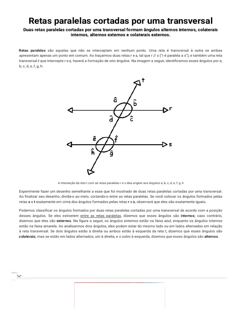 Retas Paralelas Cortadas Por Uma Transversal - Brasil Escola | PDF | Ângulo | Linha (Geometria)