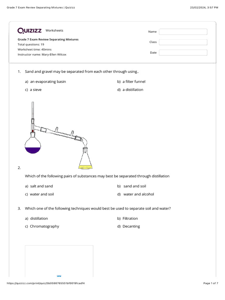 Grade 7 Exam Review Separating Mixtures - Quizizz | PDF | Filtration ...