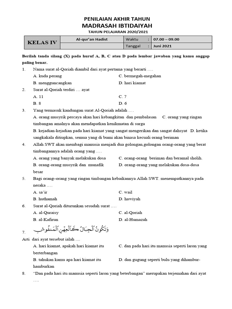 Naskah Soal PAT - 2021 - Kelas 4 - QH | PDF