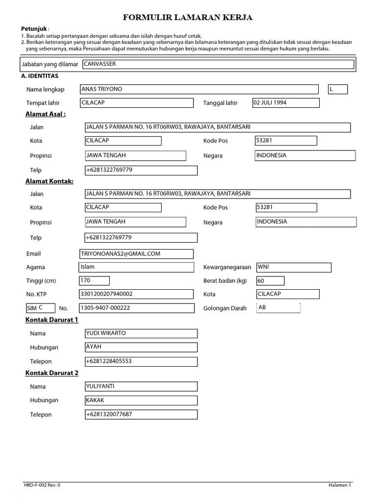 Formulir Lamaran Kerja | PDF