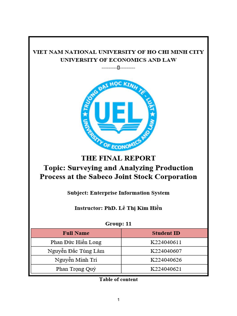 THE FINAL REPORT Topic - Surveying and Analyzing Production Process at The Sabeco Joint Stock ...