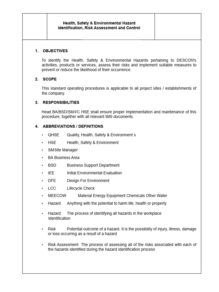 HSE SOP-04 HSE Hazard Identification Risk Assessment and C. | PDF ...