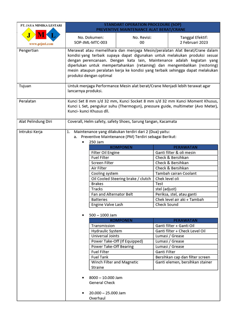 SOP JML MTC 003 Prosedur Preventive Maintenance | PDF