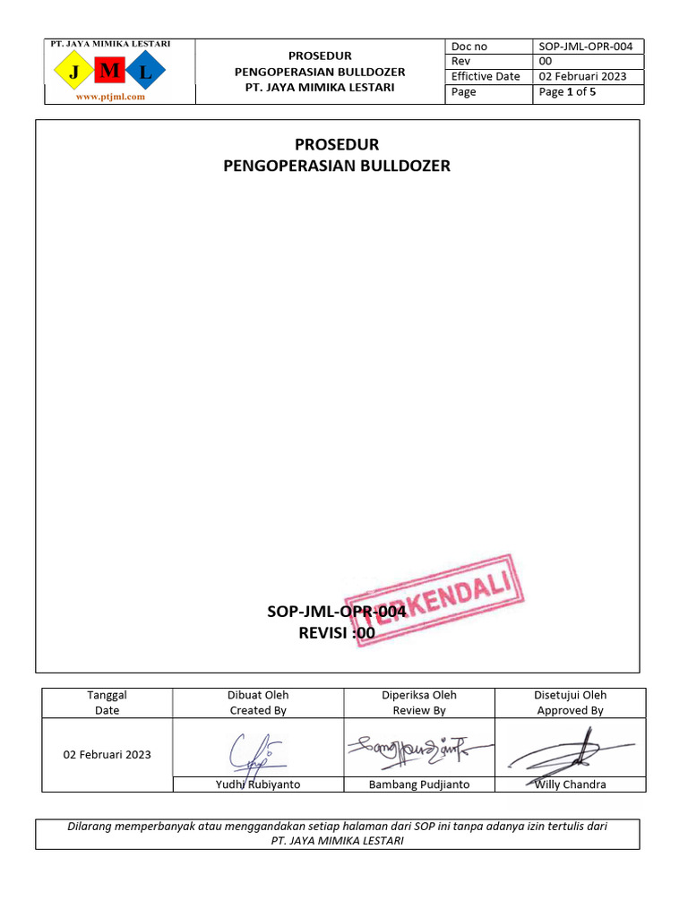 SOP-JML-OPR-004 - Prosedur Penggunaan Bulldozer | PDF