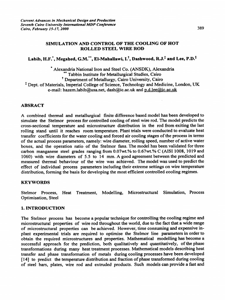 SIMULATION AND CONTROL OF THE COOLING OF HOT ROLLED STEEL WIRE ROD ...