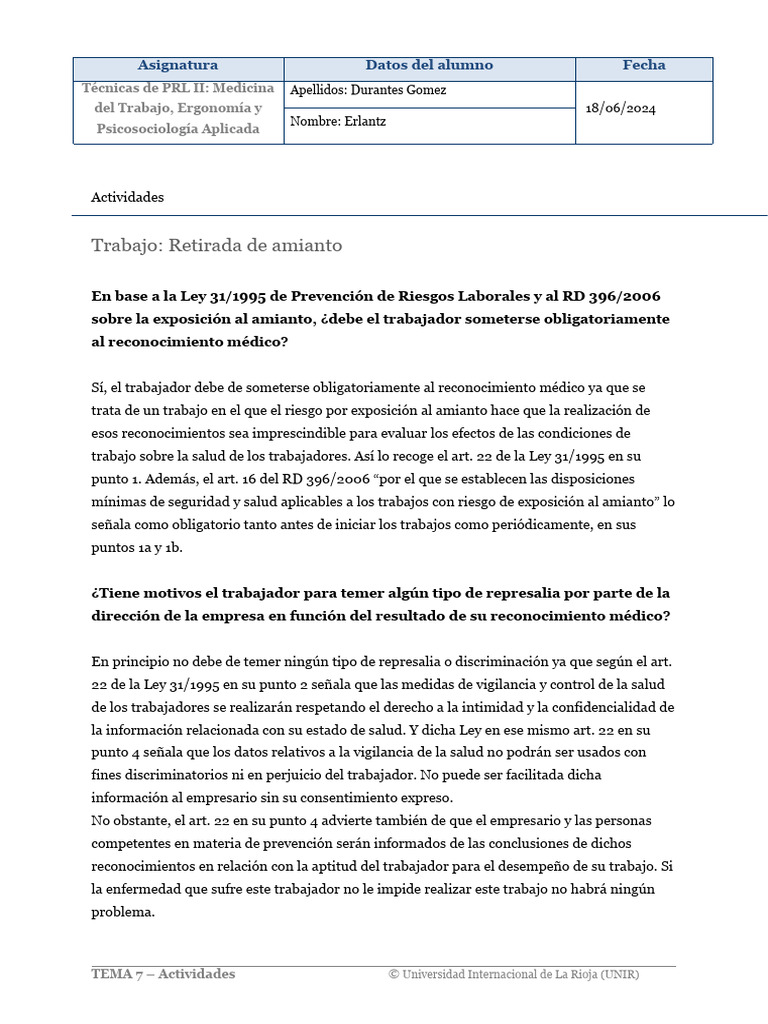 Amiantotprl2 t7 Act | PDF | Amianto | Peligros