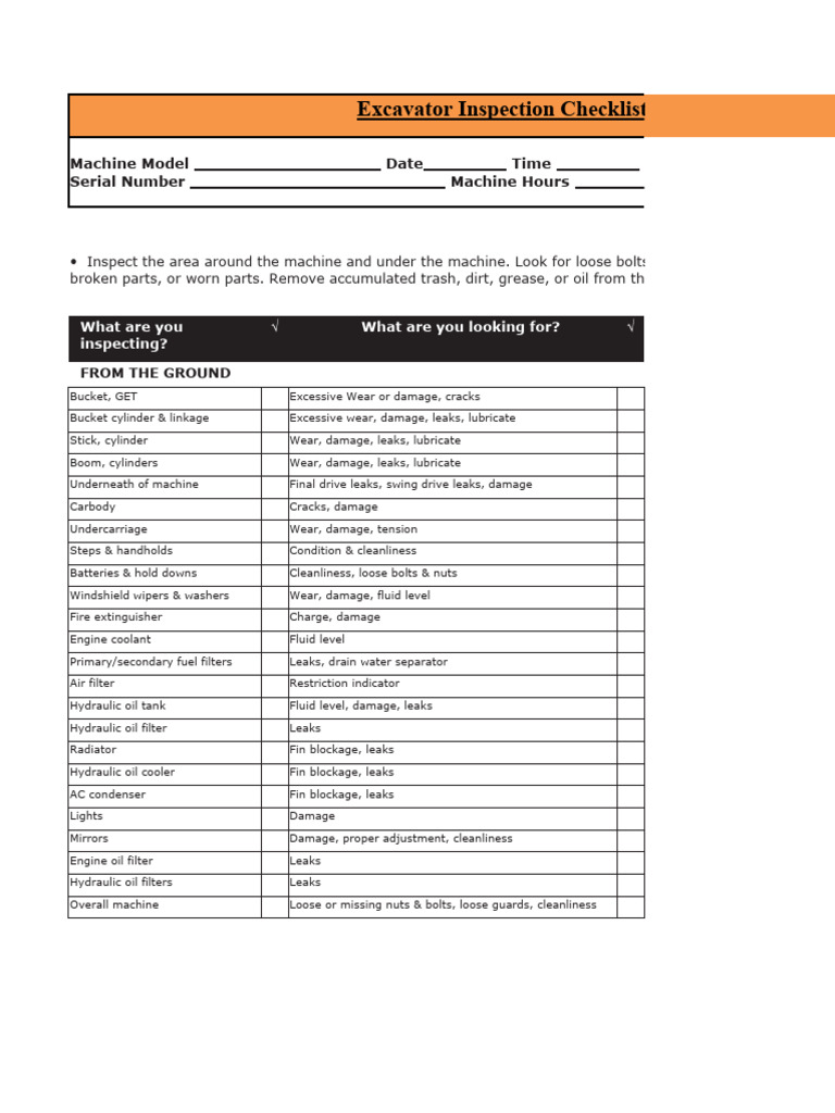 Excavator Inspection Checklist | PDF | Engines | Manufactured Goods