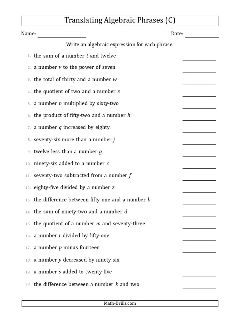 Algebra Translating Algebraic Phrases 003qp.1549629848 | PDF