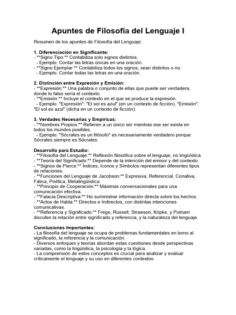 Filosofía del Lenguaje: Conceptos Clave | PDF | Verdad | Filosofía del ...
