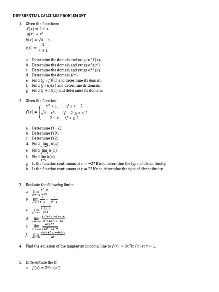 Differential Calculus Problem Set | PDF | Function (Mathematics) | Mathematical Analysis