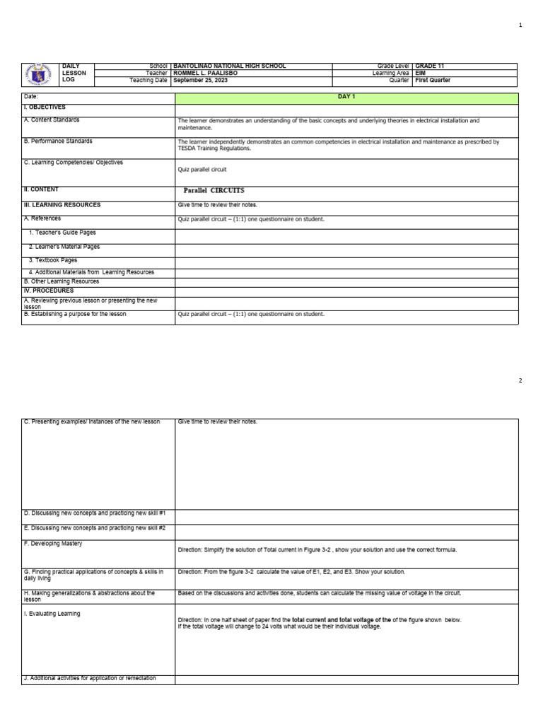 Sept 25-22,2023 Lesson Plan | PDF | Series And Parallel Circuits | Learning