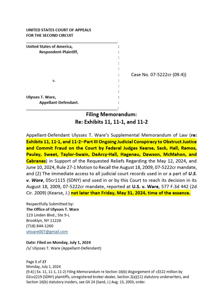 (9.4EX) 07.01.24 (07-5222cr) - Ex. 11, 11-1, 11-2 Filing Memo Re Void Indictment and Section 16 ...