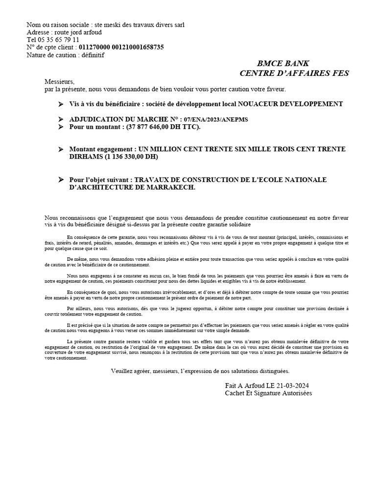 Demande Caution Bmce | PDF | Cautionnement
