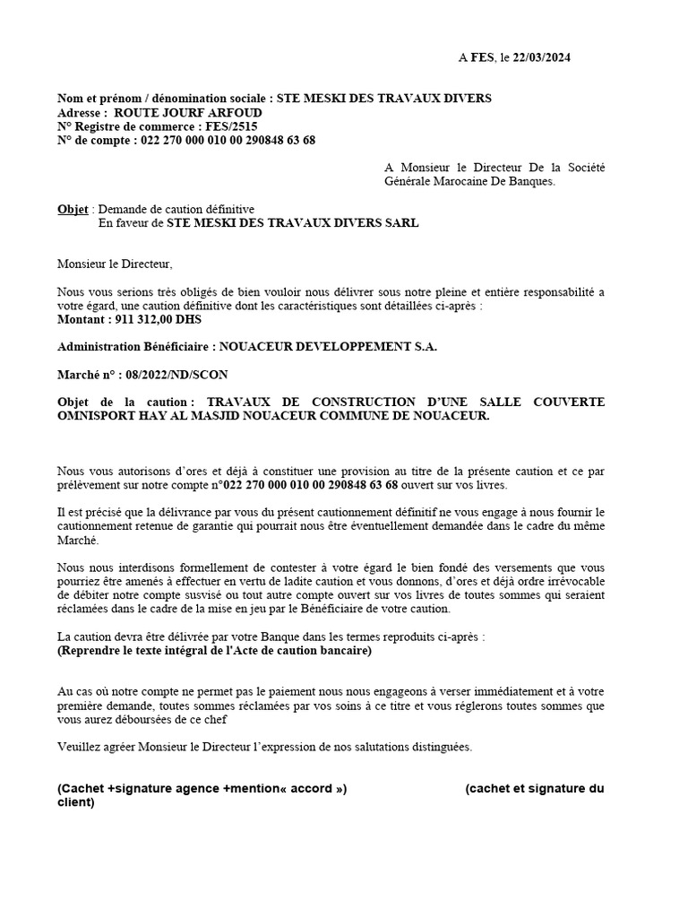 Demande de Caution Définitive au Maroc | PDF | Finance et gestion monétaire
