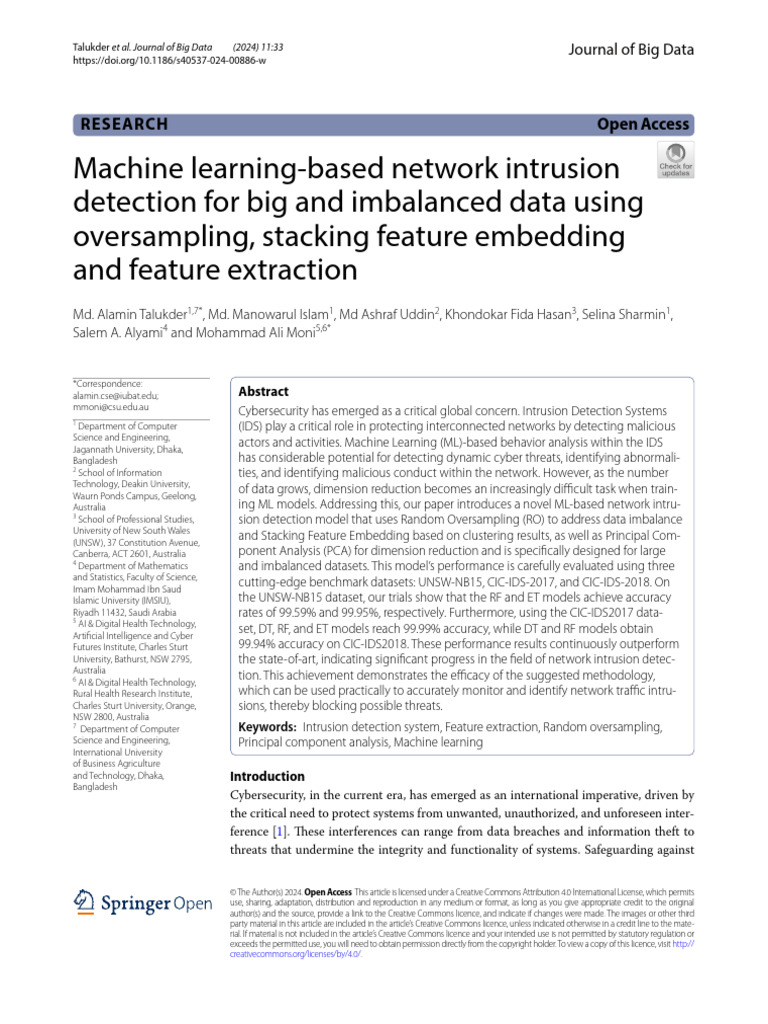 Machine Learning Based Network Intrusion Detection For Big and Imbalanced Data Using ...