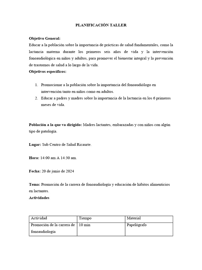 PLANIFICACIÓN TALLER | PDF