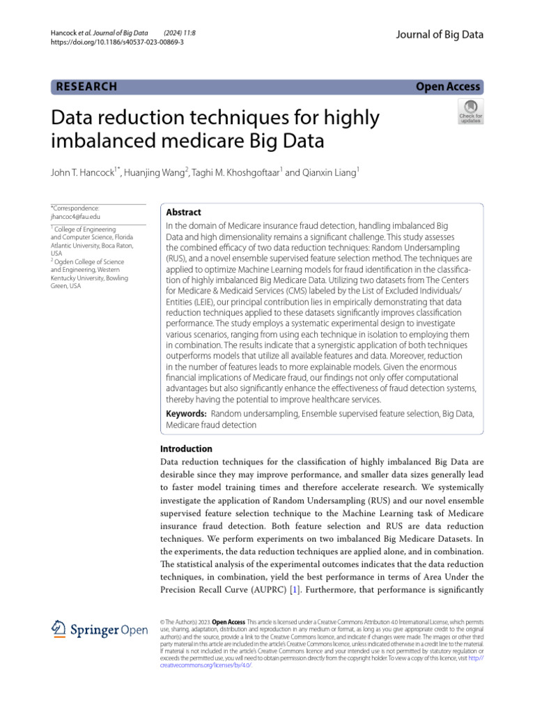 Data Reduction Techniques For Highly Imbalanced Medicare Big Data | PDF | Receiver Operating ...