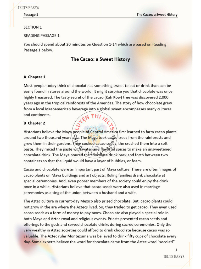 02 Passage 1 - The Cacao A Sweet History Q1-14 | PDF | Cocoa Bean ...