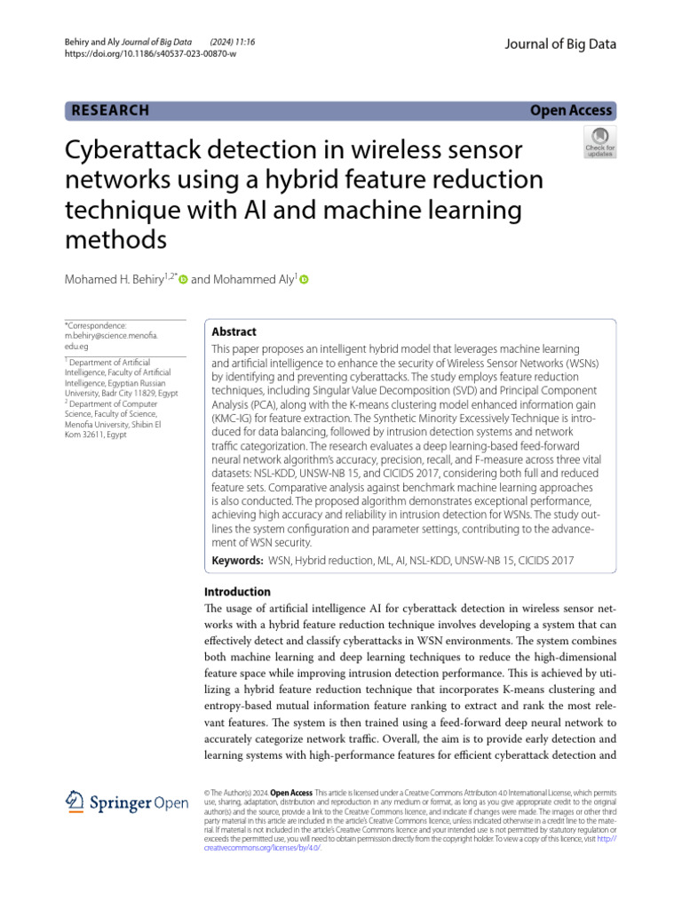 Cyberattack Detection in Wireless Sensor Networks Using A Hybrid ...