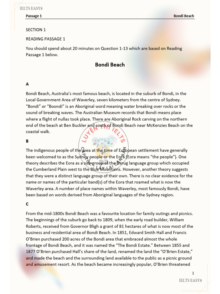 03 Passage 1 - Bondi Beach Q1-13 | PDF