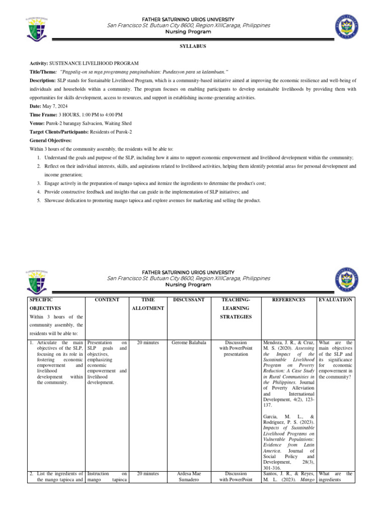 Sustainable Livelihood Program Overview | PDF | Sustainability | Desserts