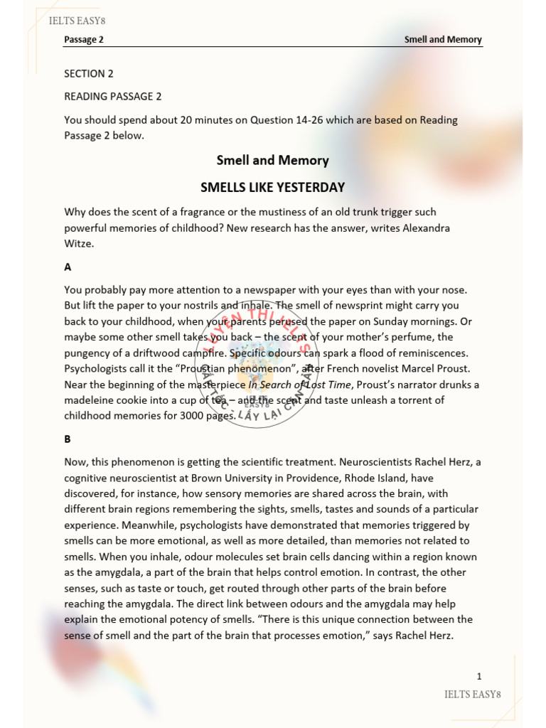05 Passage 2 - Smell and Memory Q14-26 | PDF | Odor | Memory