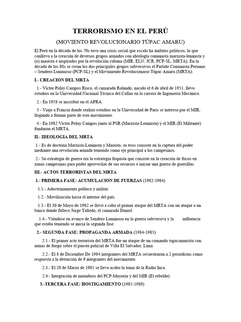 Historia del MRTA y su impacto en Perú | PDF | Política de extrema ...