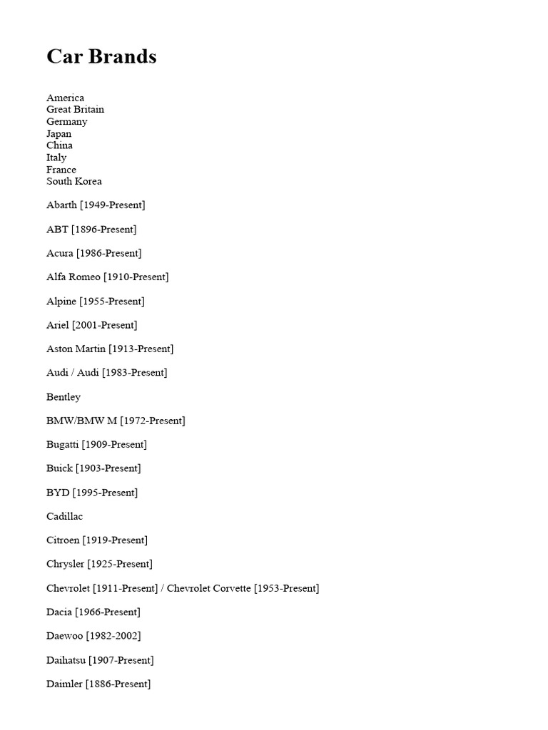Comprehensive List of Car Brands | PDF | Business