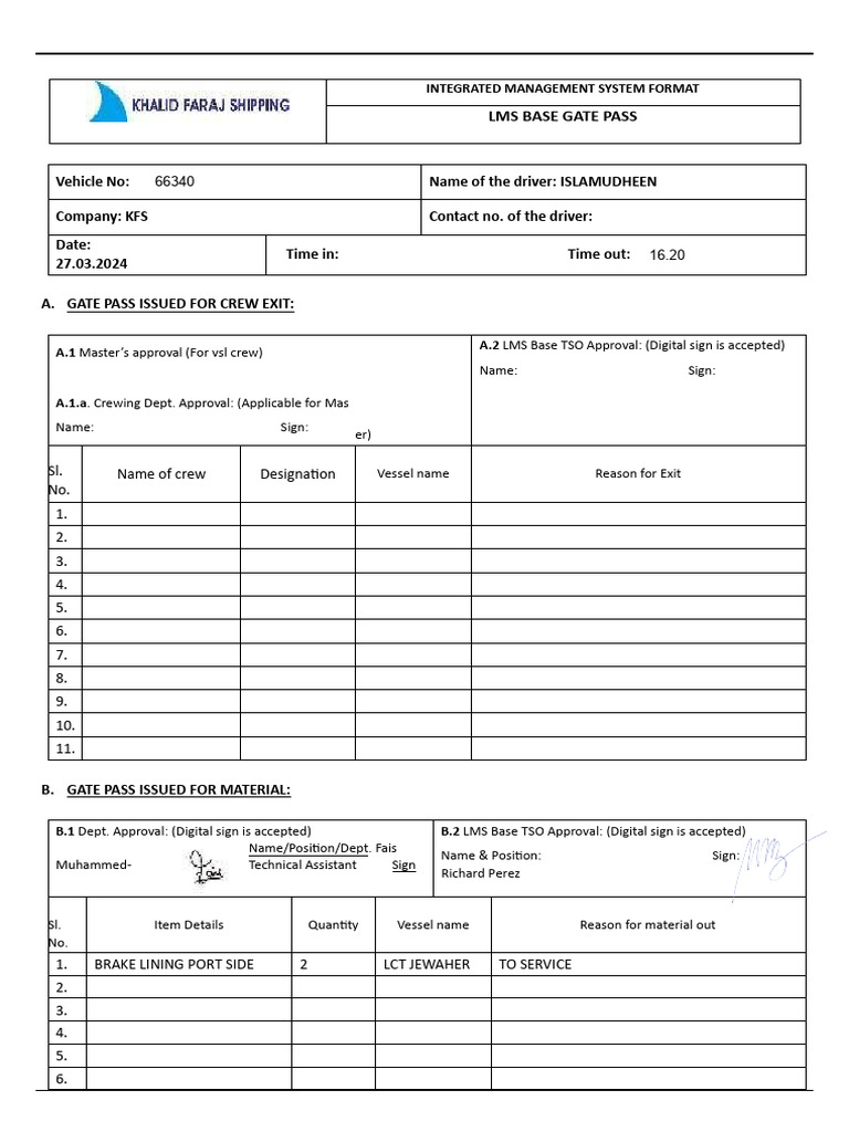LMS Base Gate Pass Materials LCT Jewaher 27.03.2024 | PDF