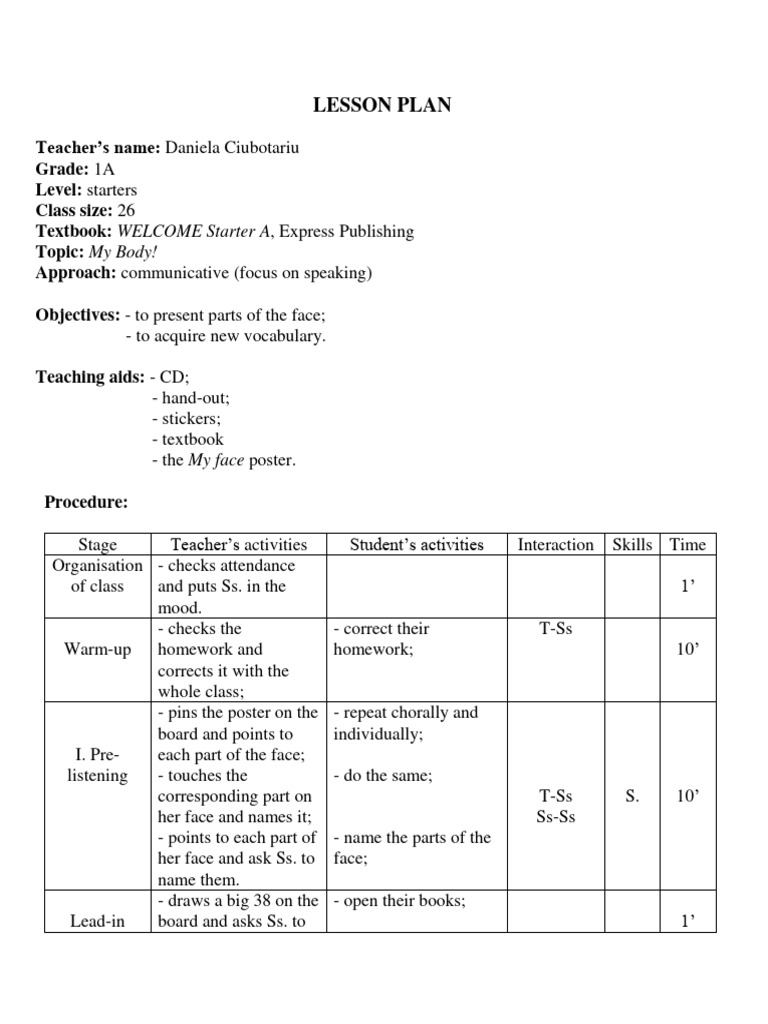 Lesson Plan 1st Grade My Body | PDF | Education Theory | Pedagogy